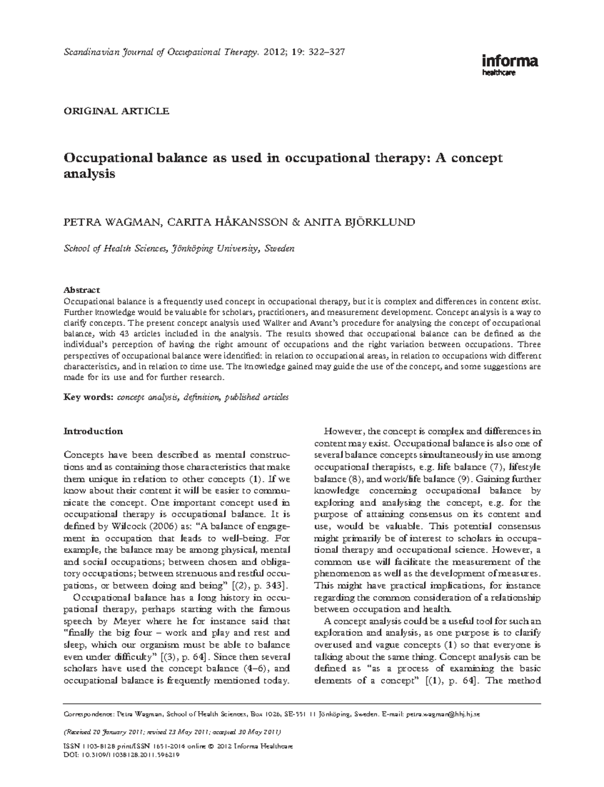 Concept Analysis of Occupational Balance in Occupational Therapy - Studocu