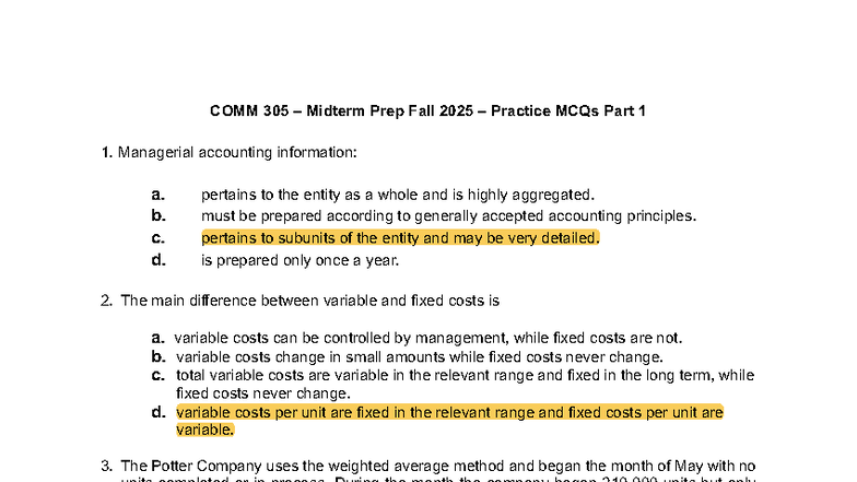 COMM 305 Midterm Exam Prep - Practice MCQs Part 1 - Studocu