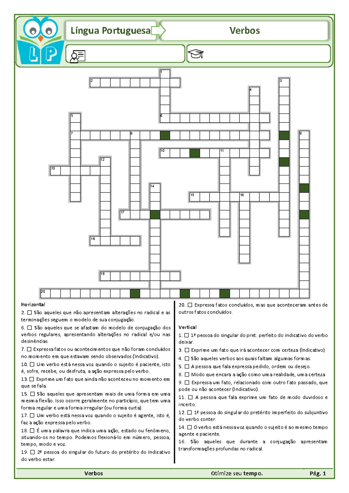 Resumo de Verbos - Gramática - Língua Portuguesa - Cruzadinha - Studocu