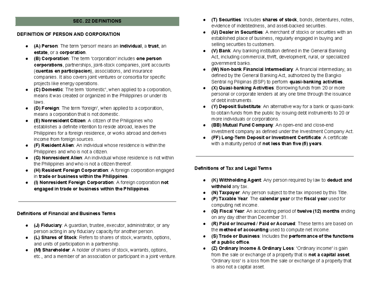SEC. 22 Definitions of Persons and Corporations in Taxation - Studocu