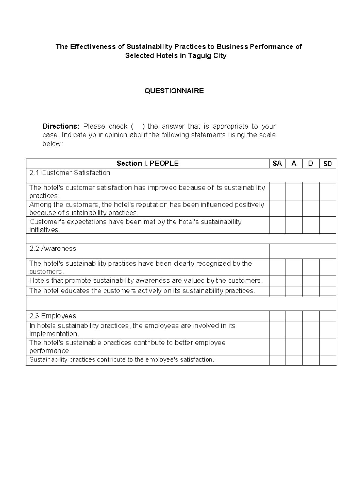 Sustainability Practices Questionnaire for Hotels in Taguig City - Studocu