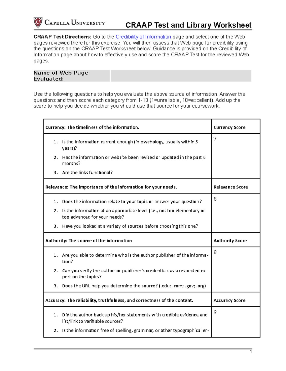 CRAAP Test Library Worksheet Guidelines for Evaluating Sources - Studocu