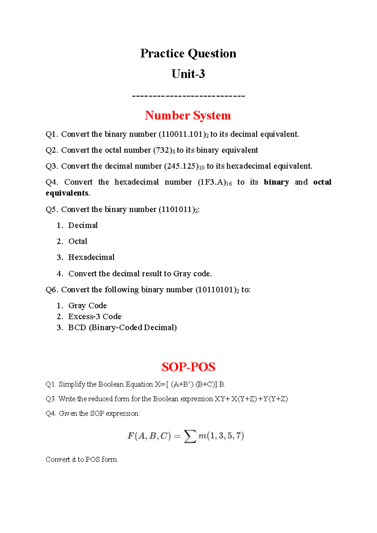 Unit 3 Practice Questions: Number System Conversions & Boolean Algebra - Studocu