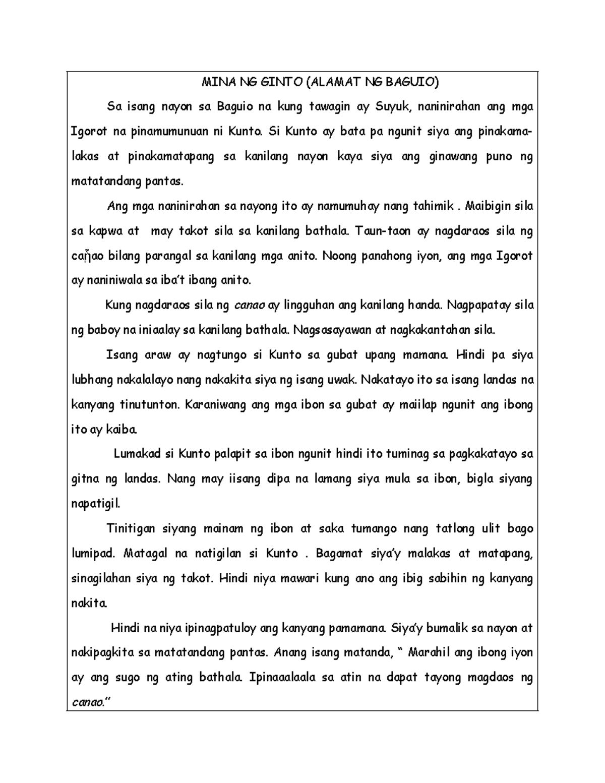 Alamat ng Mina ng Ginto (165542540) - Kwento ng Suyuk at Kunto - Studocu