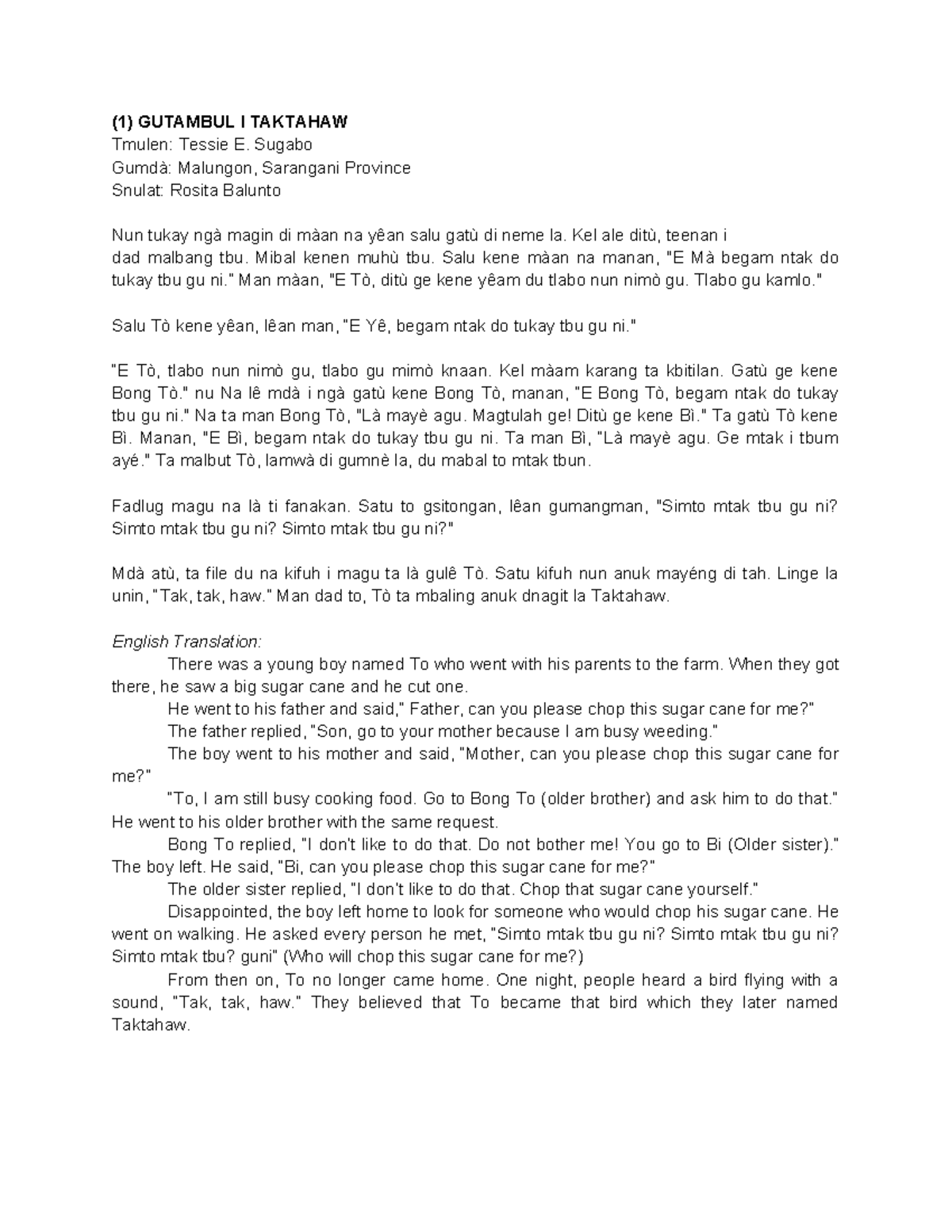 Flalok Stories - (1) GUTAMBUL I TAKTAHAW Tmulen: Tessie E. Sugabo Gumdà ...