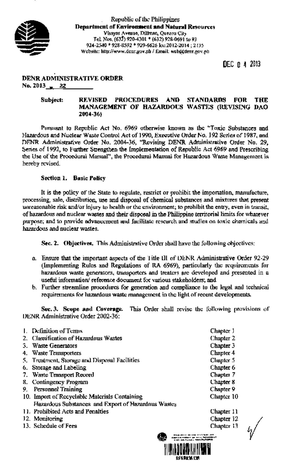 Revised Procedural Manual for Hazardous Waste Management (DAO 2013-22 ...