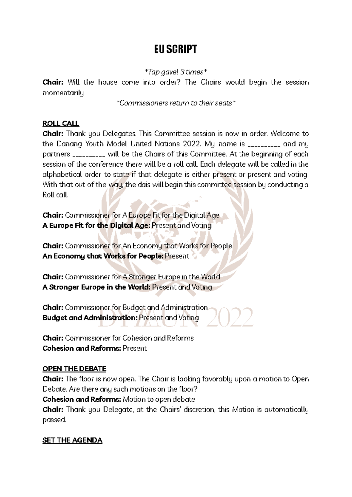DYMUN 22 - EU Committee Session Script Overview - Studocu