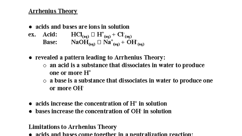Arrhenius Theory of Acids and Bases: Detailed Summary Notes - Studocu