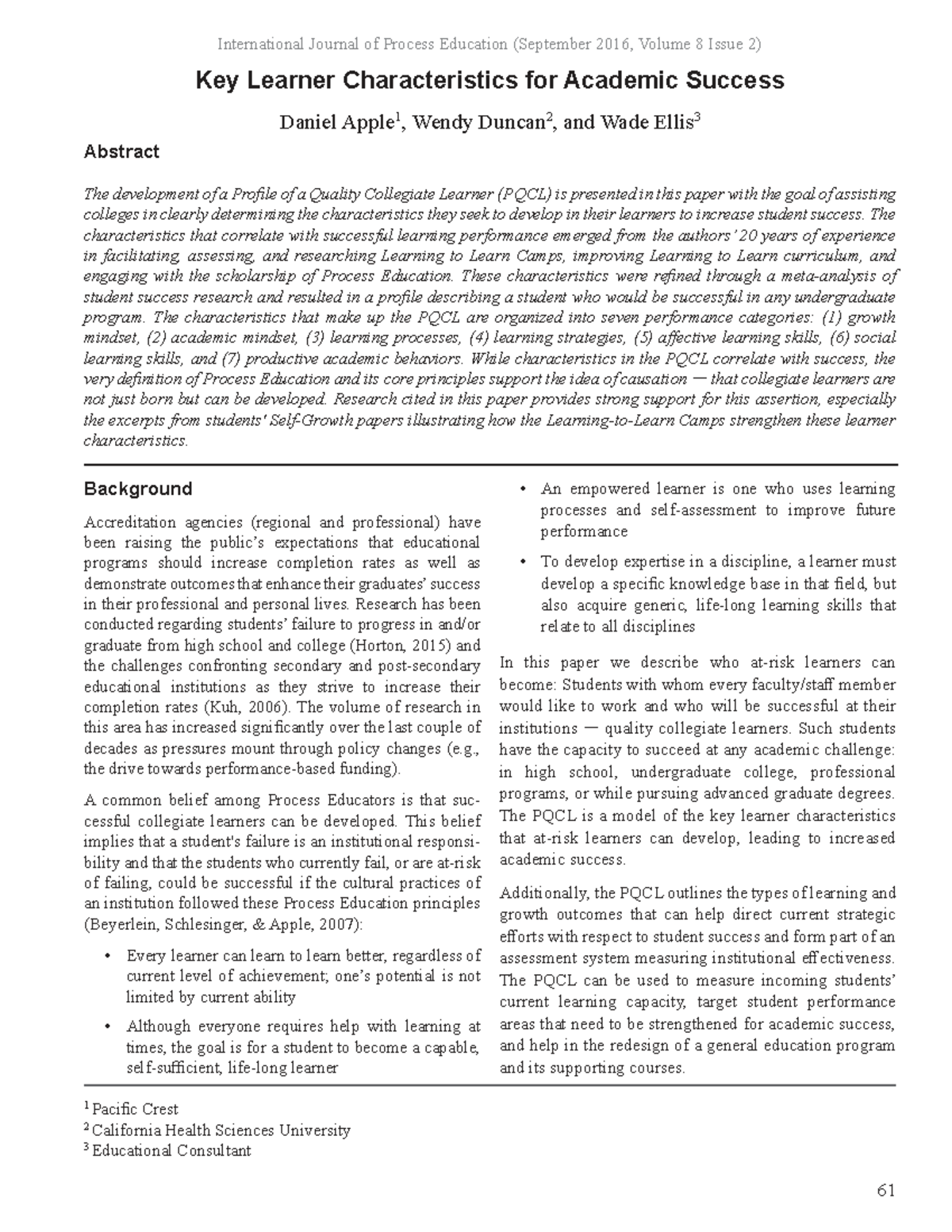 Key Learner Characteristics for Academic Success in Process Education ...