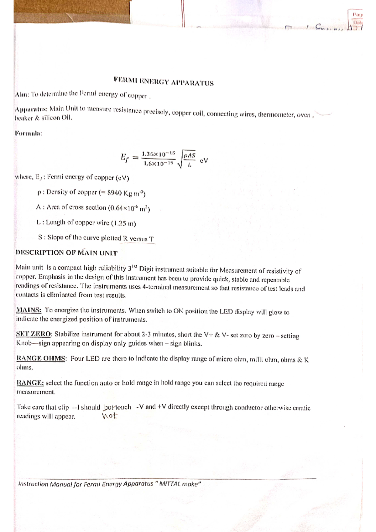 Fermi Energy Determination Lab Manual - Experiment B3 - Studocu