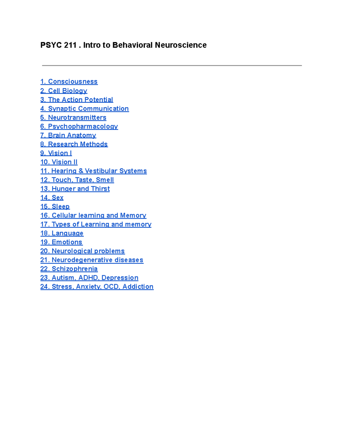 PSYC 211 McGill - PSYC 211. Intro to Behavioral Neuroscience 1 ...