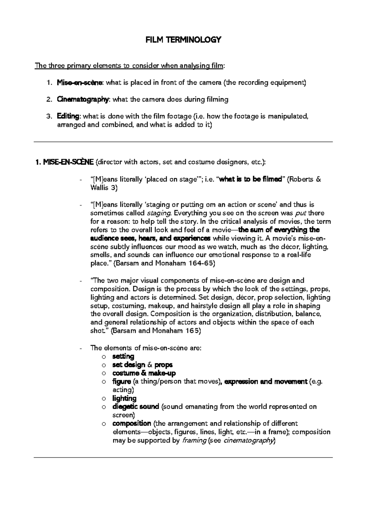 FILM 101: Key Terminology for Analyzing Cinematic Elements - Studocu