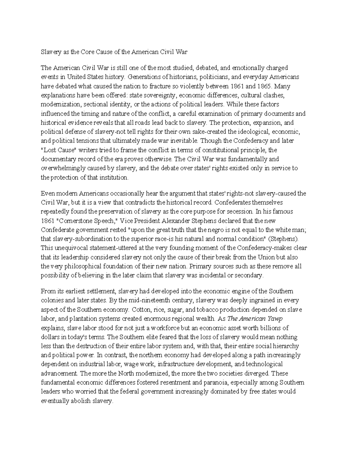 Slavery as the Central Cause of the American Civil War: A Research ...