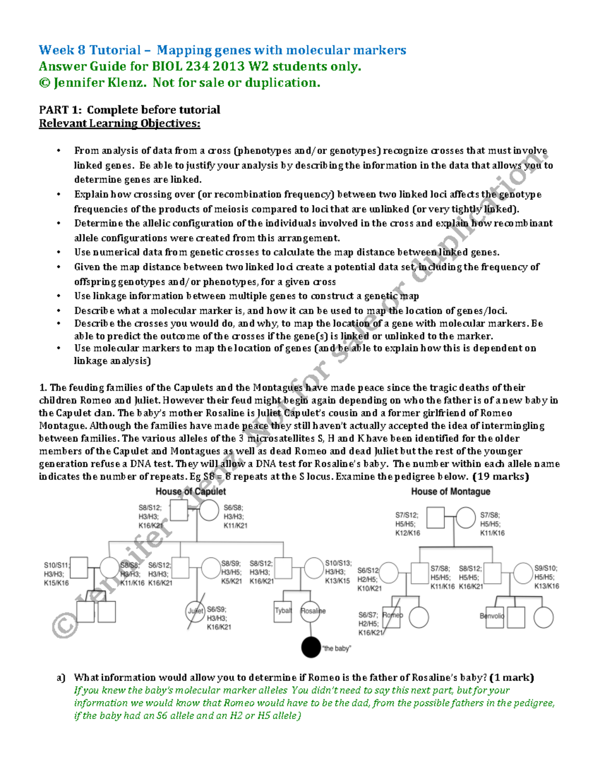 BIOL 234 Week 8 Tutorial Answers: Gene Mapping with Molecular Markers ...