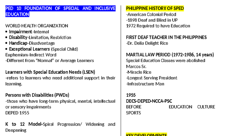 SPED 10 Reviewer: Foundations of Special & Inclusive Education - Studocu