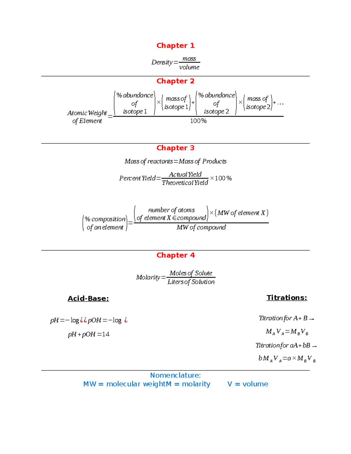 Formula Sheet1-1 - Titrations: Titration for A+ B → M A V A =M B V B ...