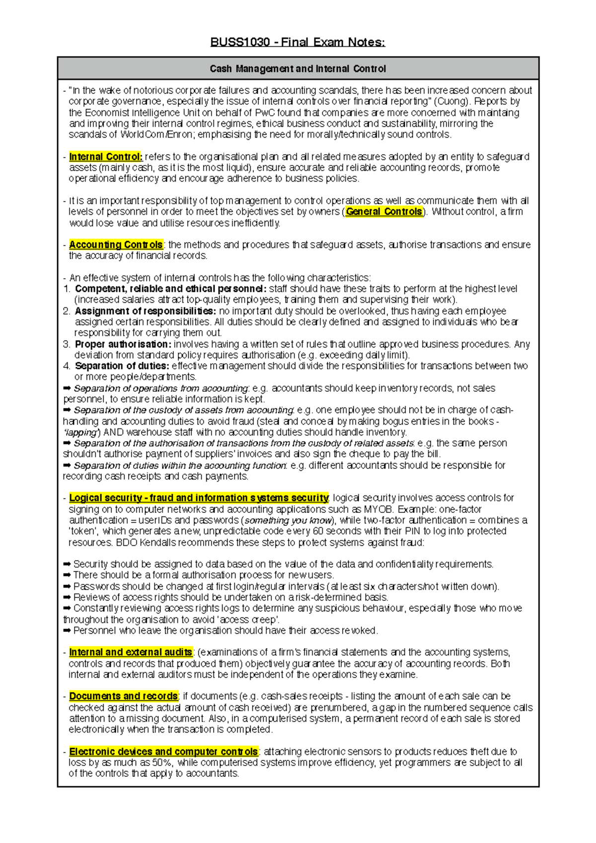 BUSS1030 Final Exam Notes: Cash Management & Internal Control Overview ...