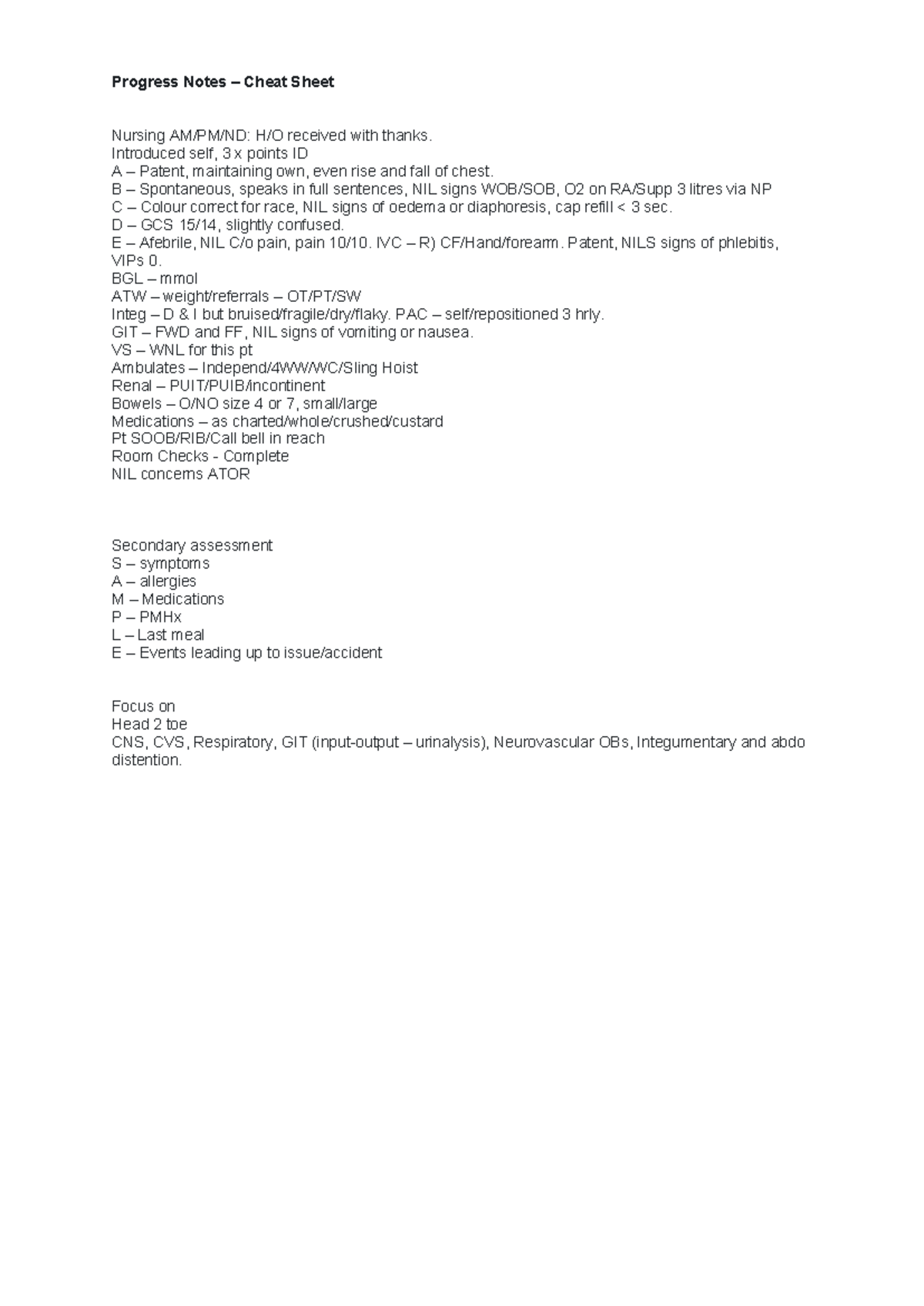 Progress Notes Cheat Sheet for Nursing - Key Assessment Points - Studocu