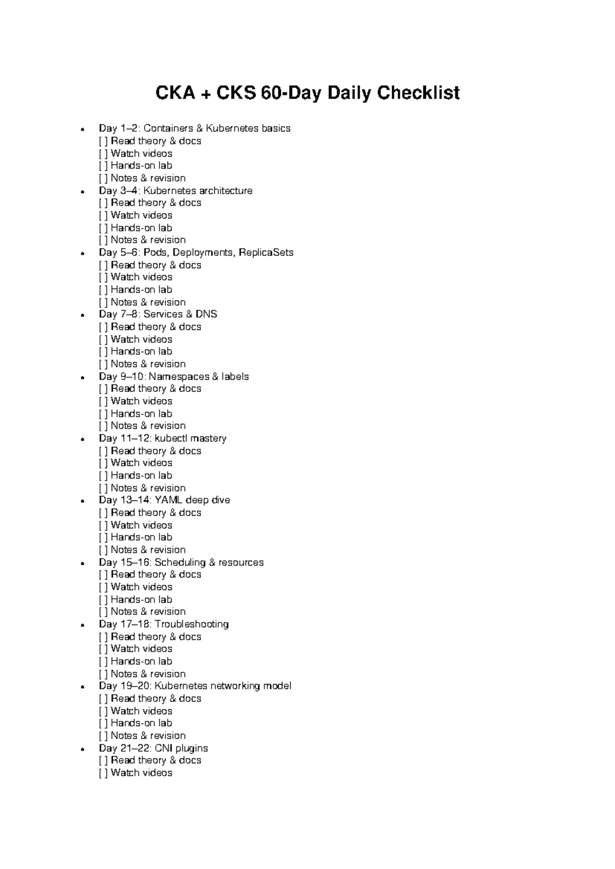 CKA CKS 60-Day Daily Study Checklist for Kubernetes Mastery - Studocu