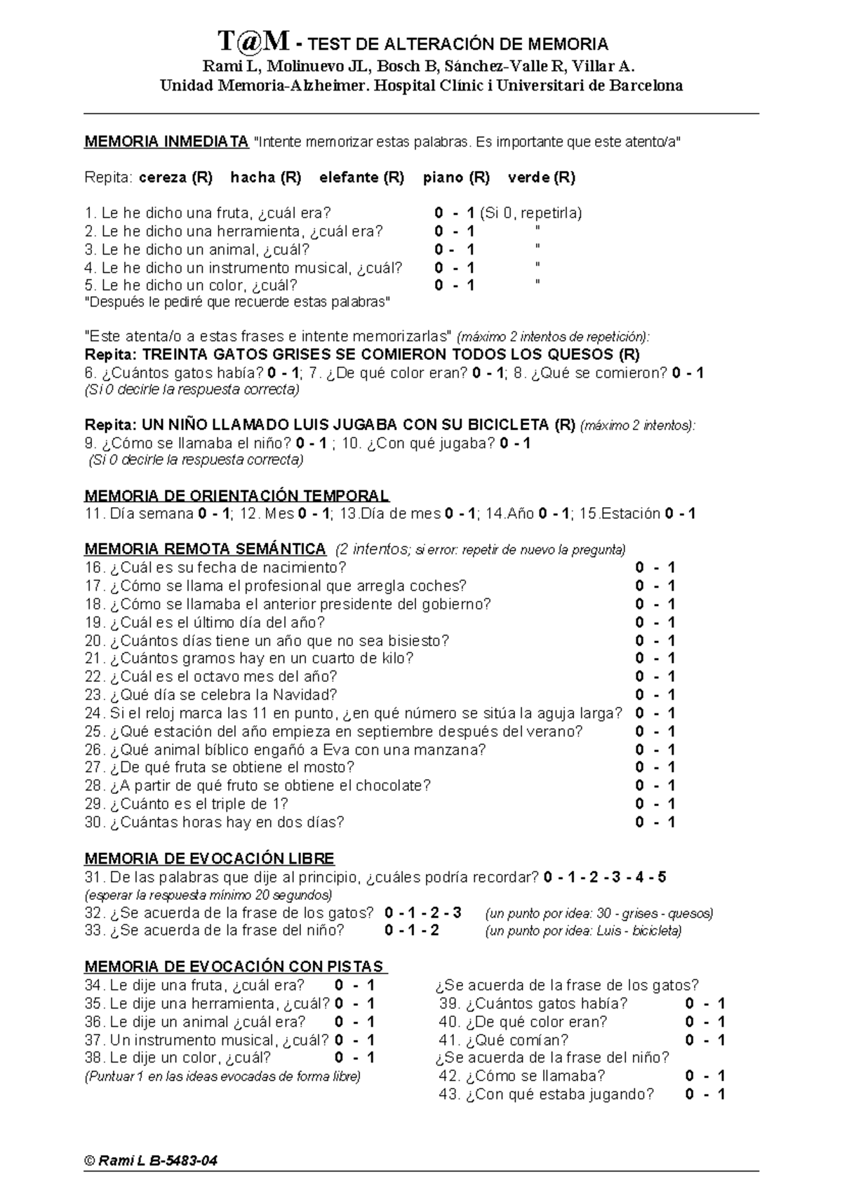 T@M - TEST - T@M - TEST DE ALTERACIÓN DE MEMORIA Rami L, Molinuevo JL ...