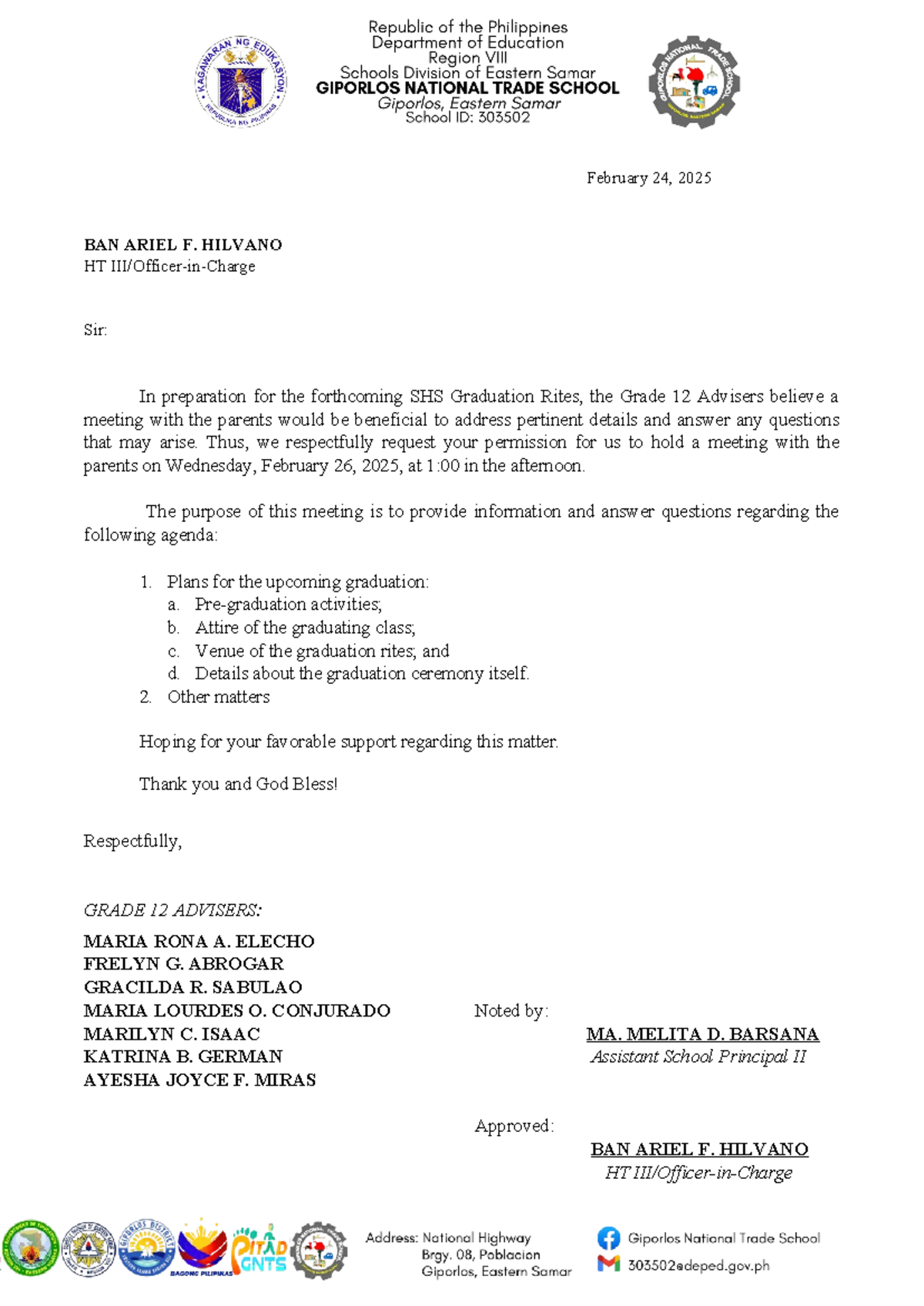 Letter Request FOR A Meeting Graduation Rites - February 24, 2025 BAN ...