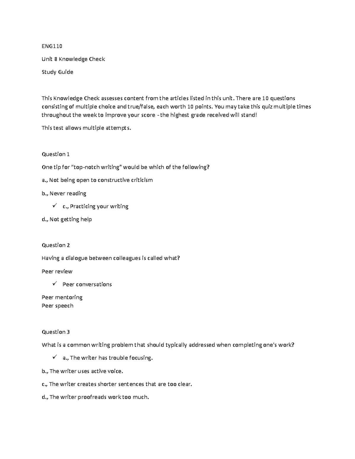ENG110 Unit 8 Knowledge Check Study Guide for Quiz Prep - Studocu
