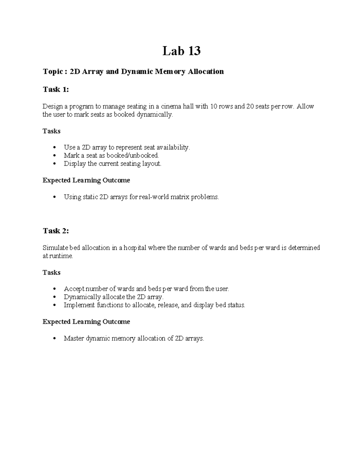 Lab 13: 2D Array & Dynamic Memory Allocation Practice Tasks - Studocu