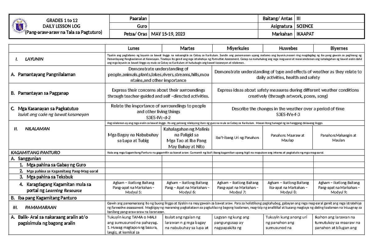 SCI W3Q4 - Daily Lesson Log for Grade 3 Science (May 15-19, 2023) - Studocu