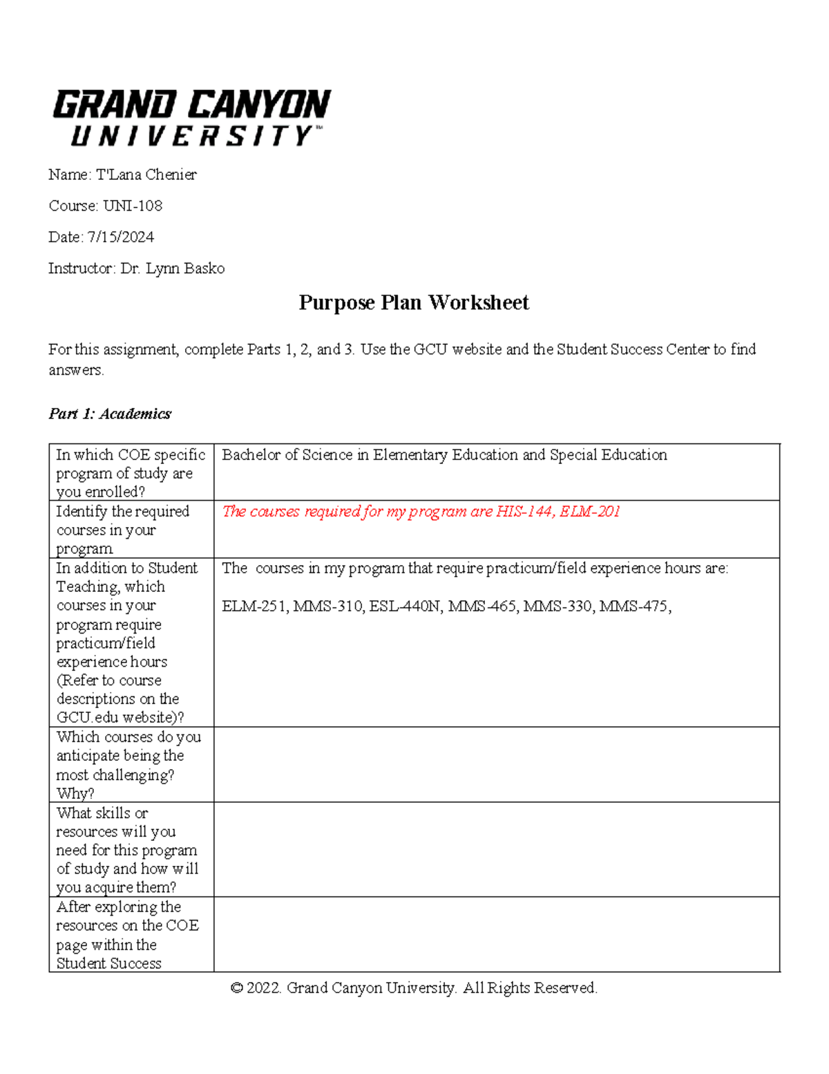 The Purpose Plan Worksheet for Bachelor of Science in Elementary Education and Special Education ...