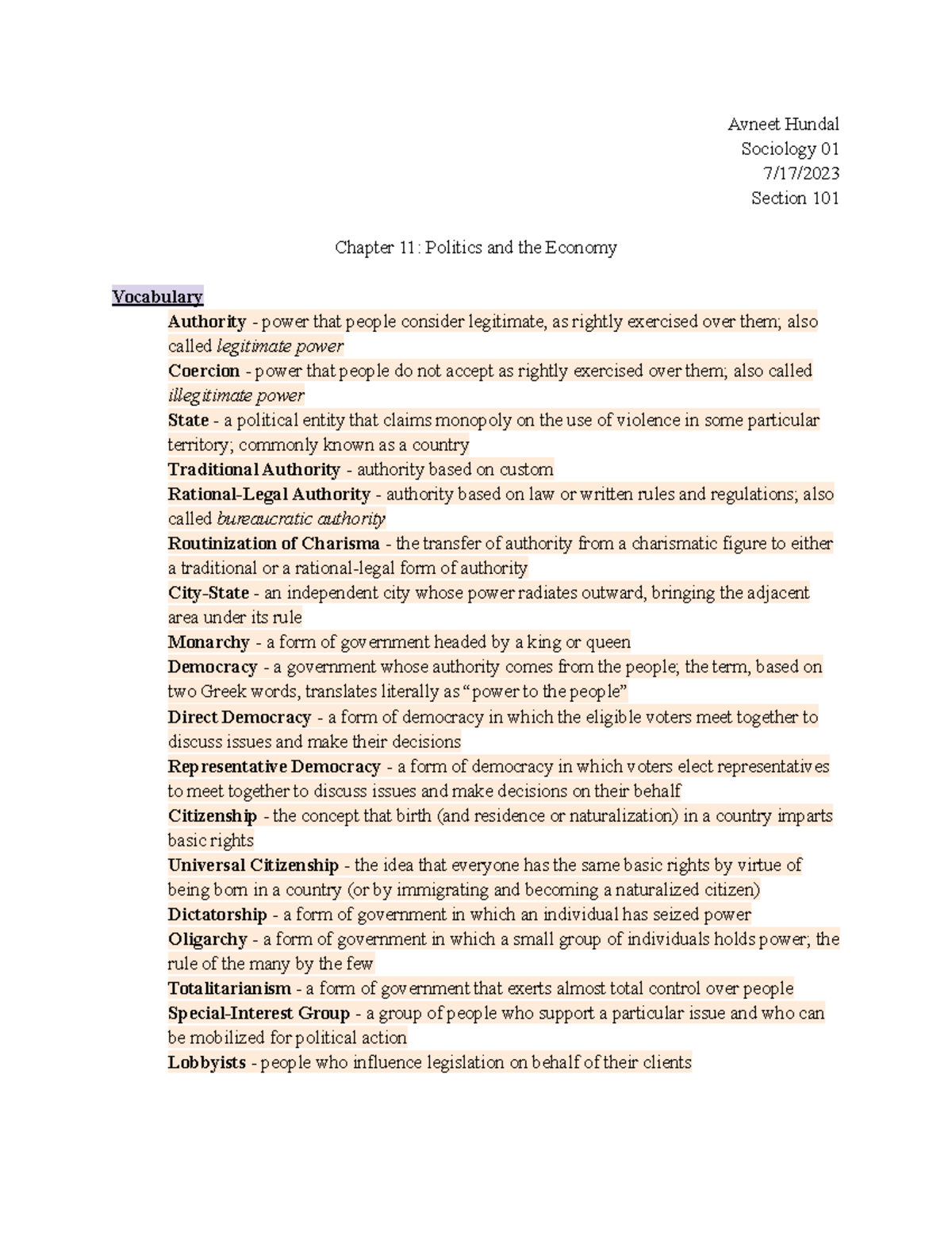 Sociology 01 - Chapter 11: Politics and the Economy Notes - Studocu