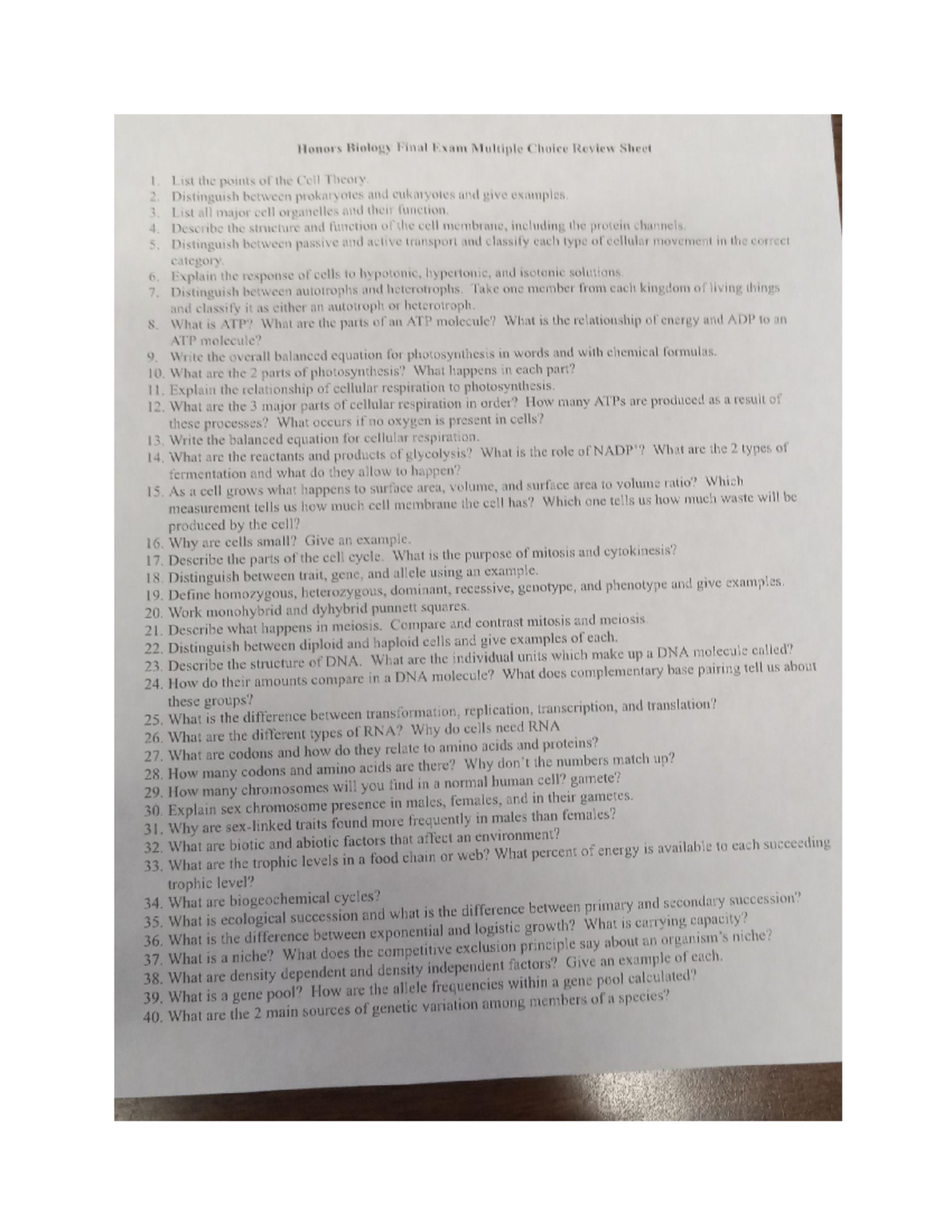 Honors Biology Final Exam Study Guide & MC Questions Review - Studocu