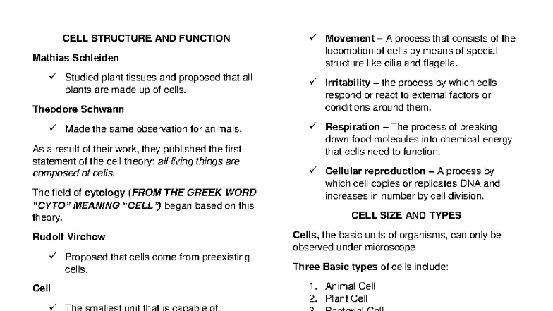 406708302 Cell Structure and Function Study Guide - Studocu