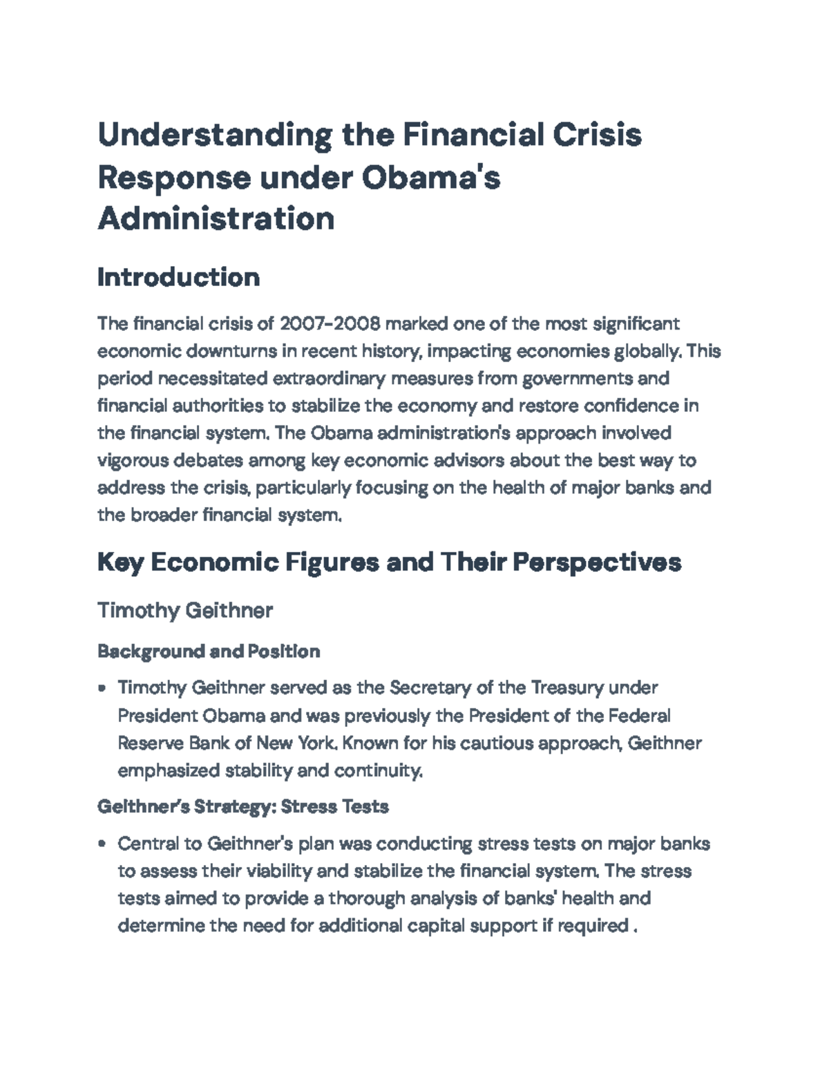 Financial Crisis Response: Obama’s Administration and Key Debates ...