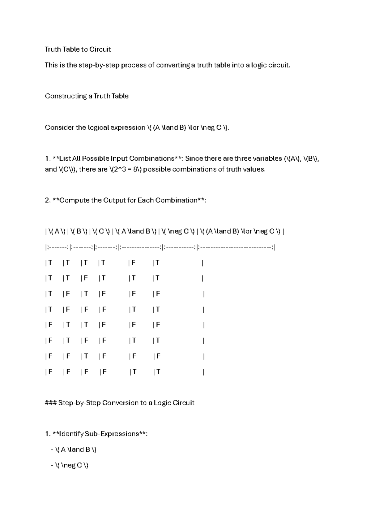 Maths 511 - Truth table to Circuit - Truth Table to Circuit This is the ...