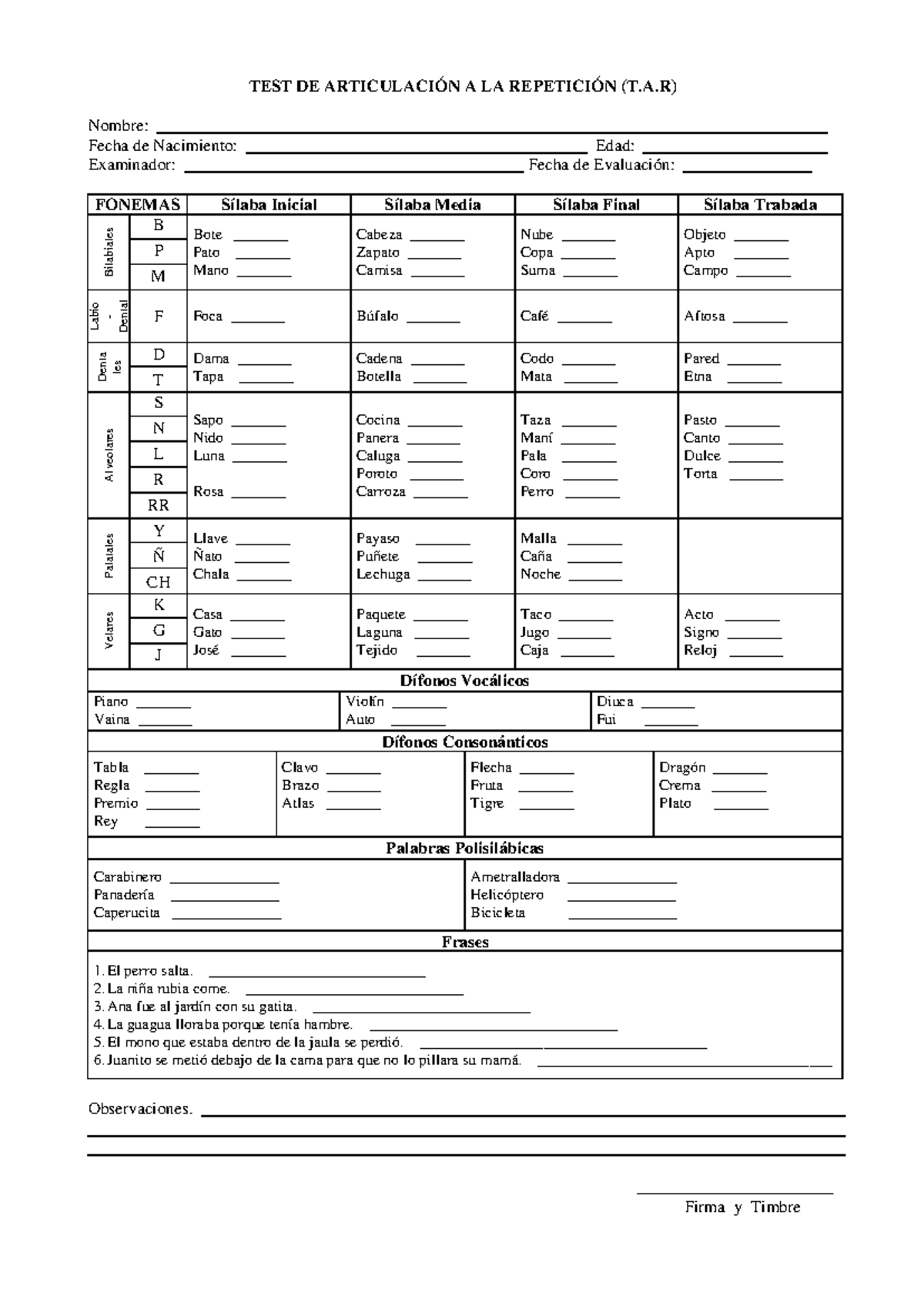 T.A.R. Test de Articulación a la Repetición - Evaluación y ...