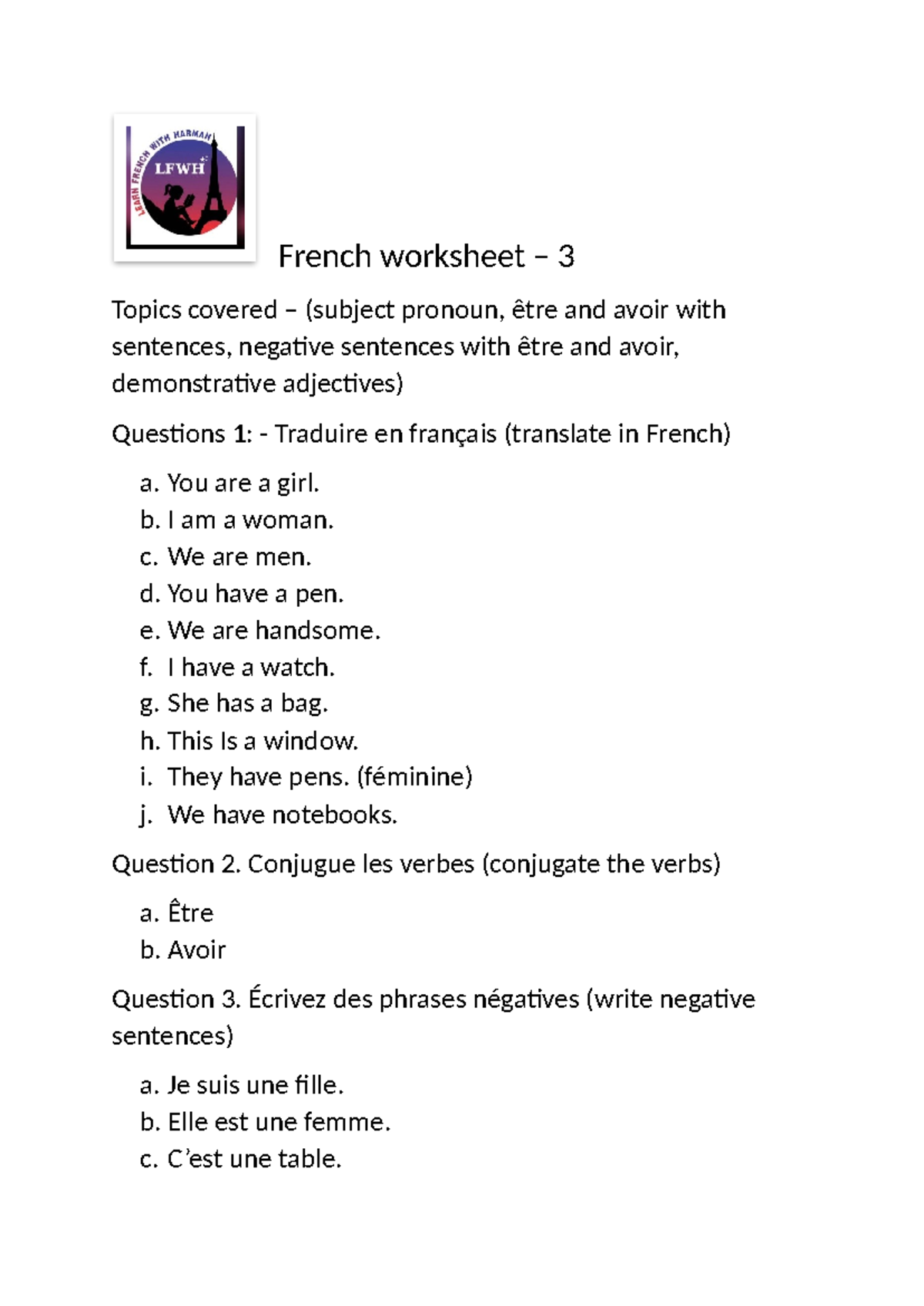 A1.1 - French Worksheet 3: Subject Pronouns & Verbs - Studocu