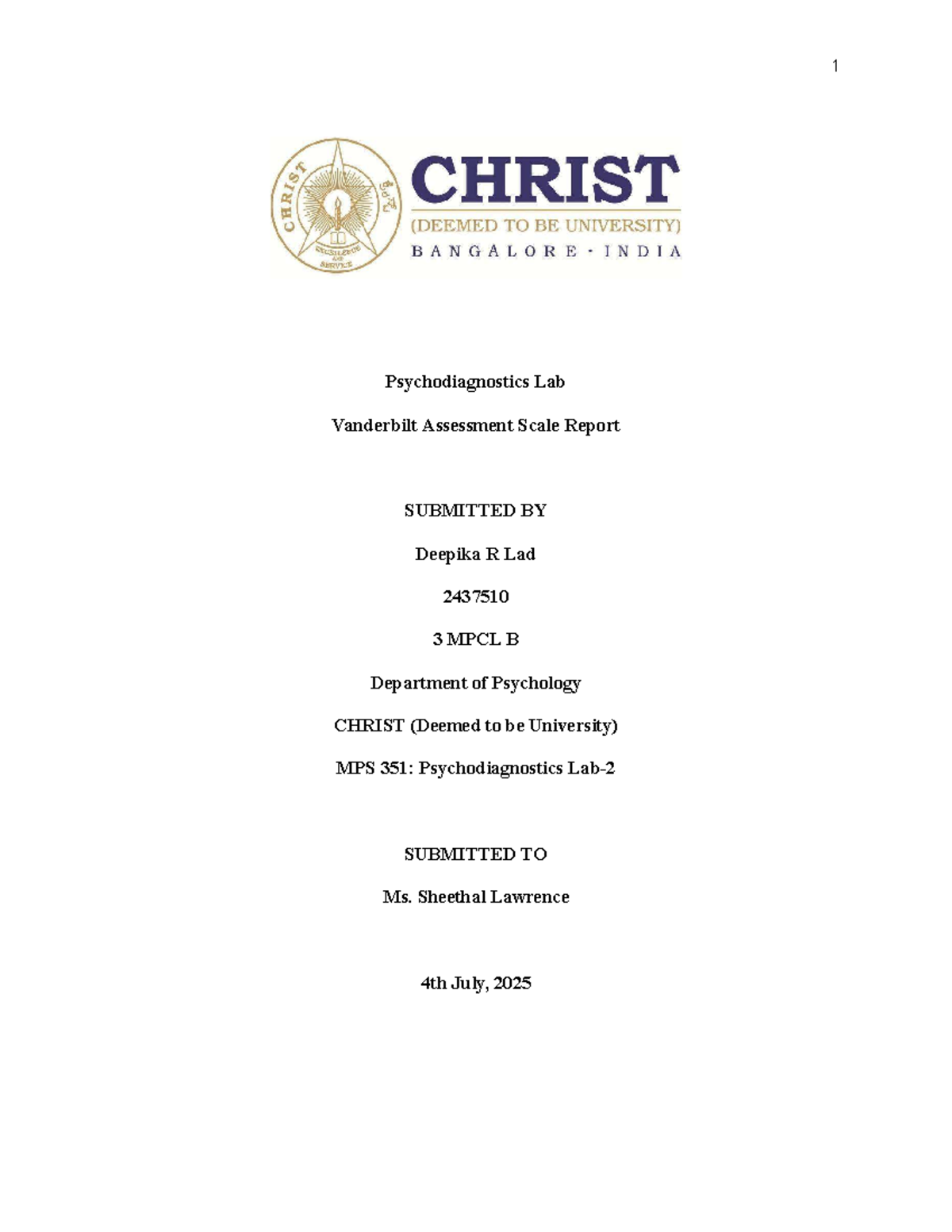 MPS 351: Vanderbilt ADHD Diagnostic Parent Rating Scale Report - Studocu