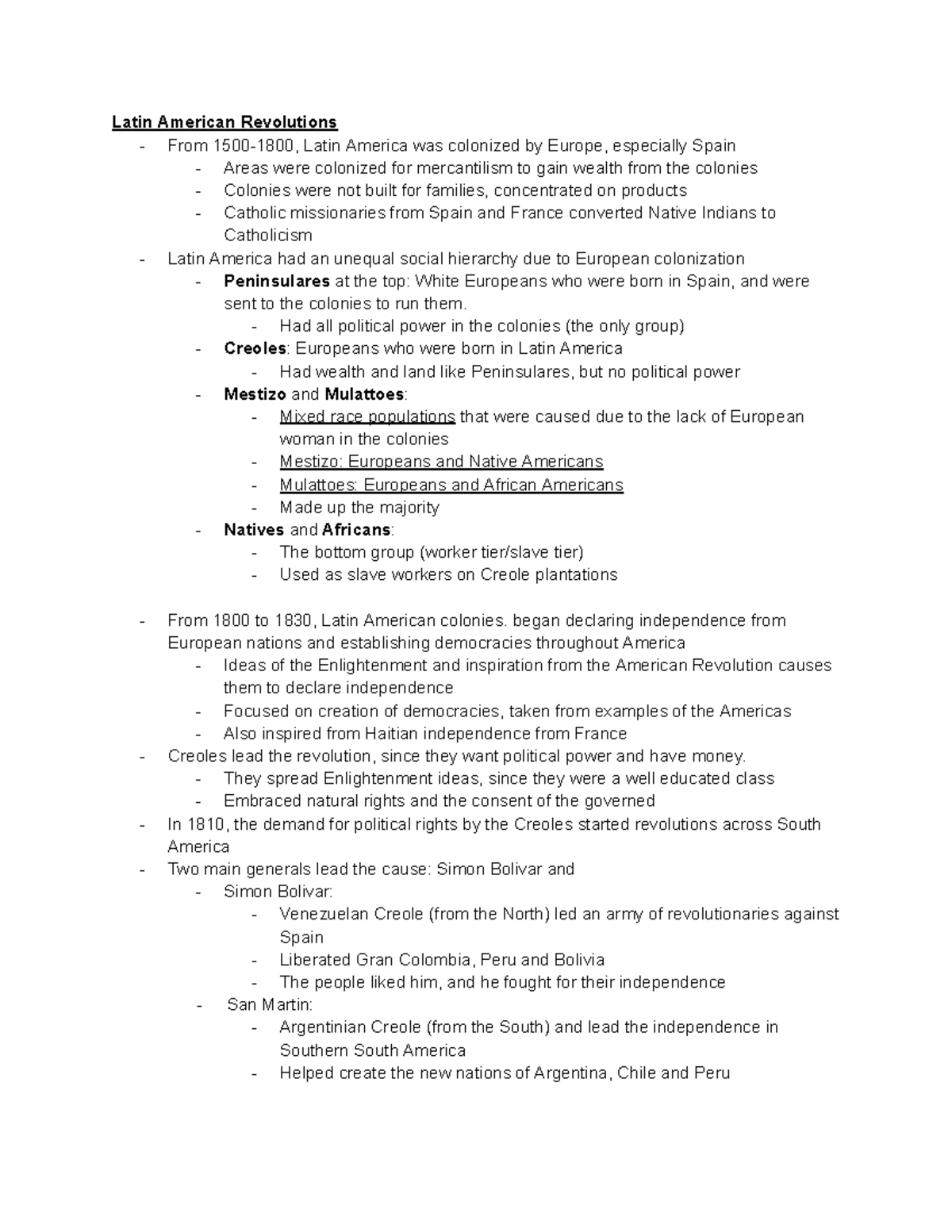 Latin American Revolutions - Had all political power in the colonies ...