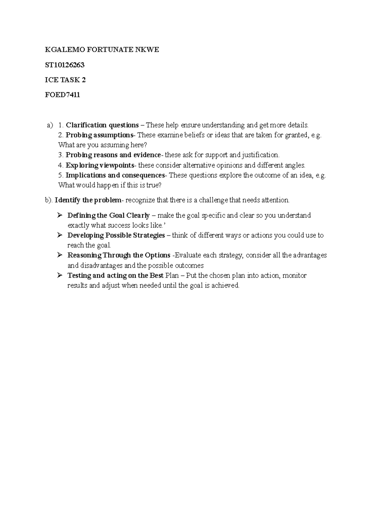 FOED7411 ICE TASK 2: Strategies for Effective Questioning and Goal ...