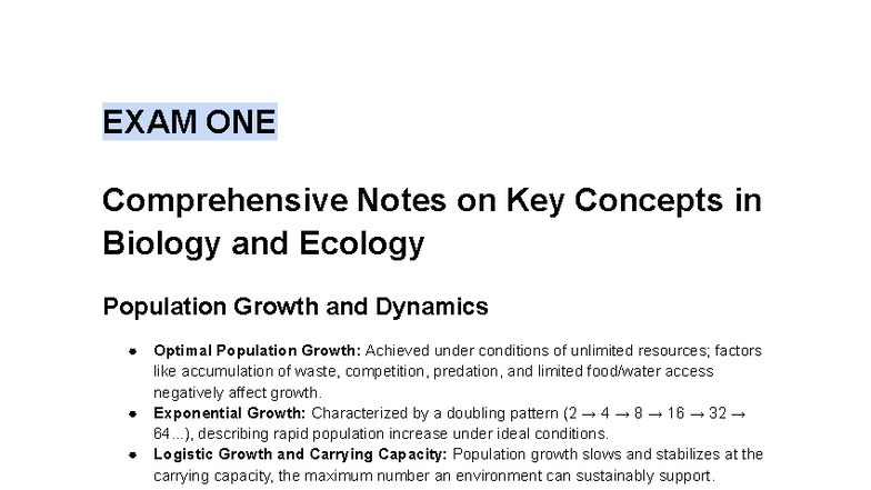 EXAM 1-3 Comprehensive Biology & Ecology Notes - Studocu