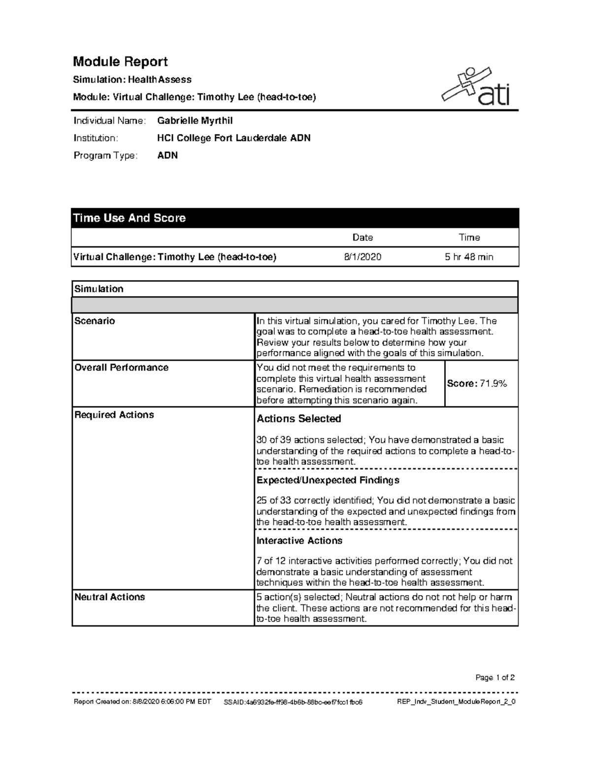 ADN Simulation Module Report: HealthAssess for Timothy Lee - Studocu