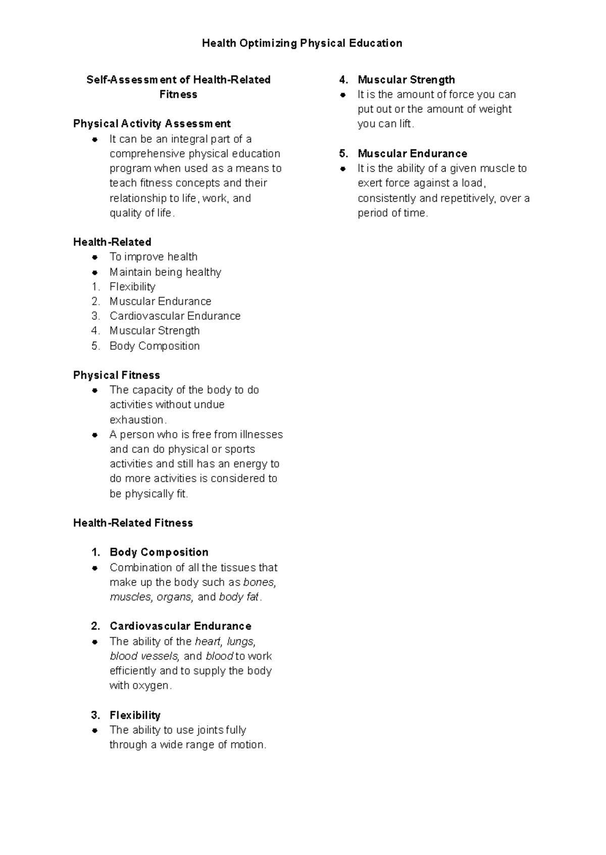 PE 101: Health Optimizing Physical Education & Fitness Assessment - Studocu