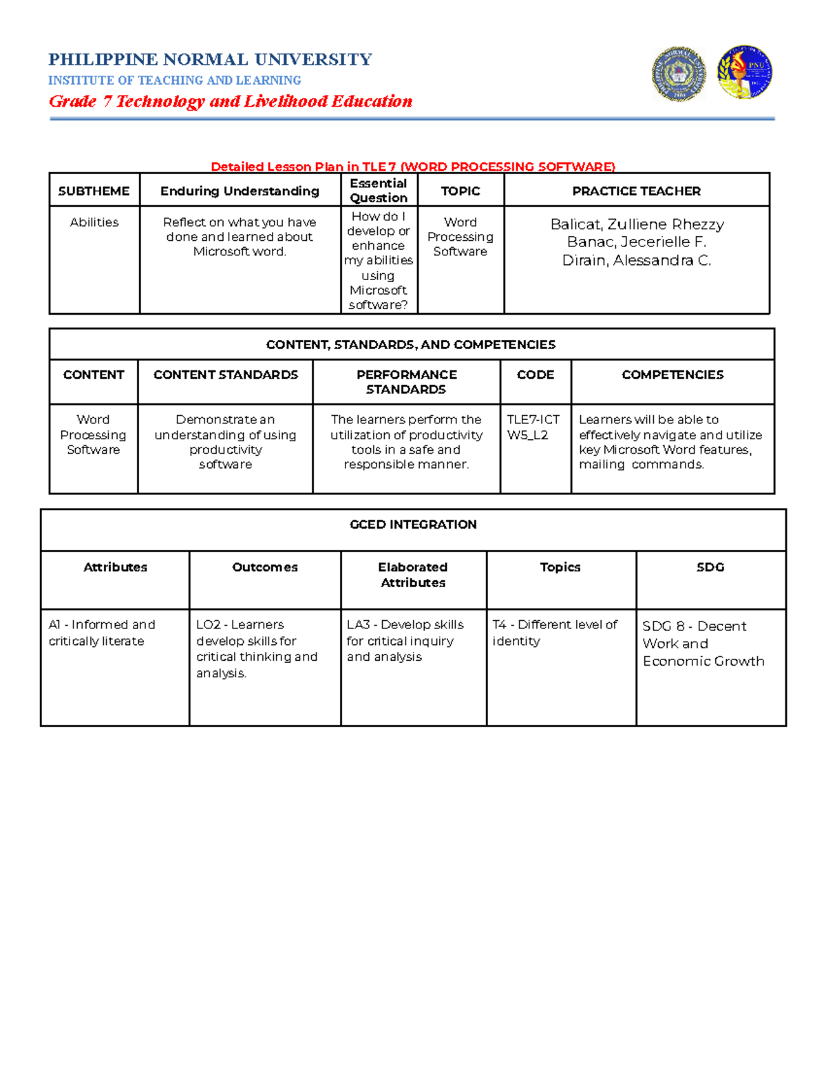 Detailed Lesson Plan in TLE 7: Word Processing Software Guide - Studocu