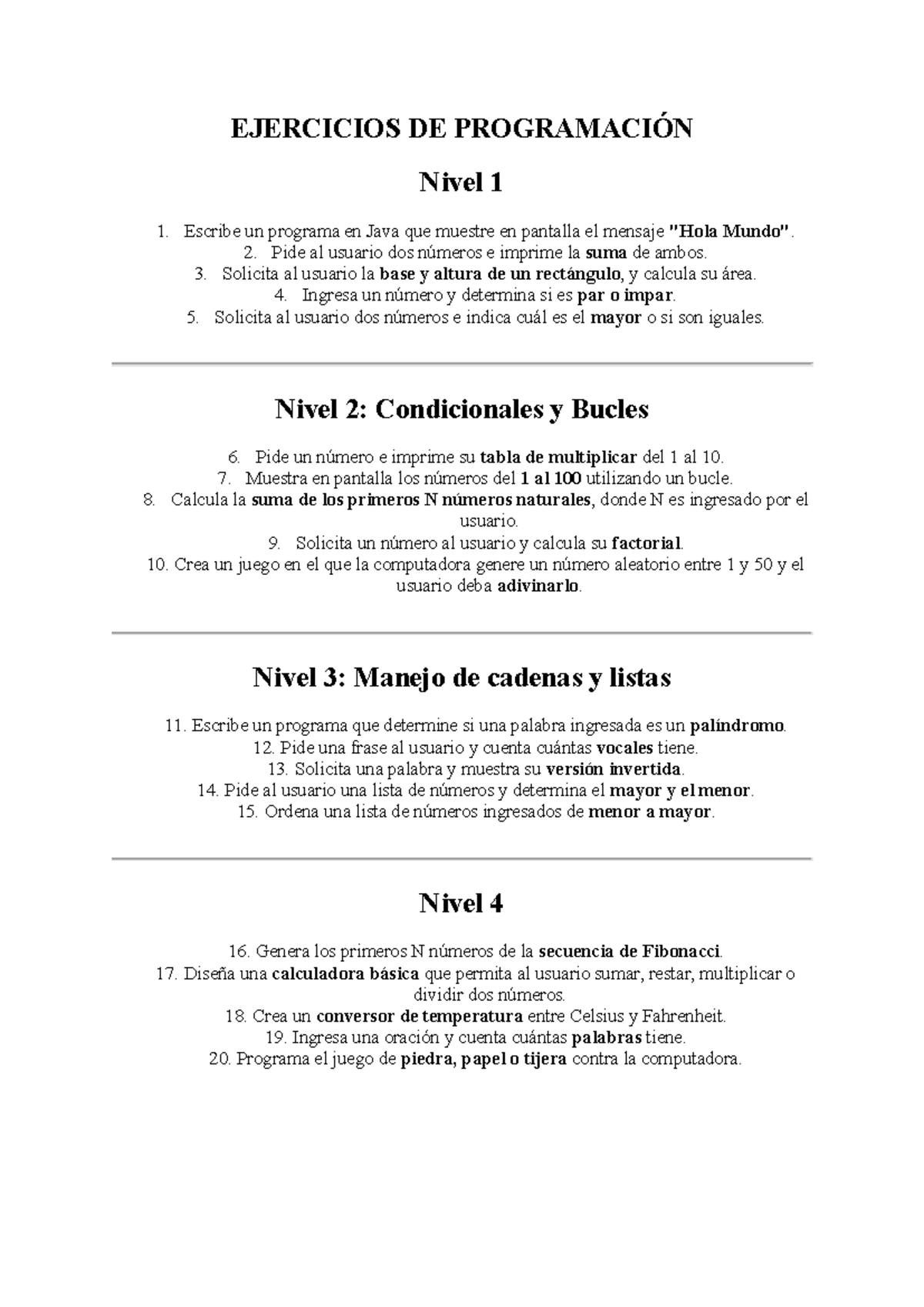 Ejercicios de Programación en Java - Nivel 1 a 4 - Studocu