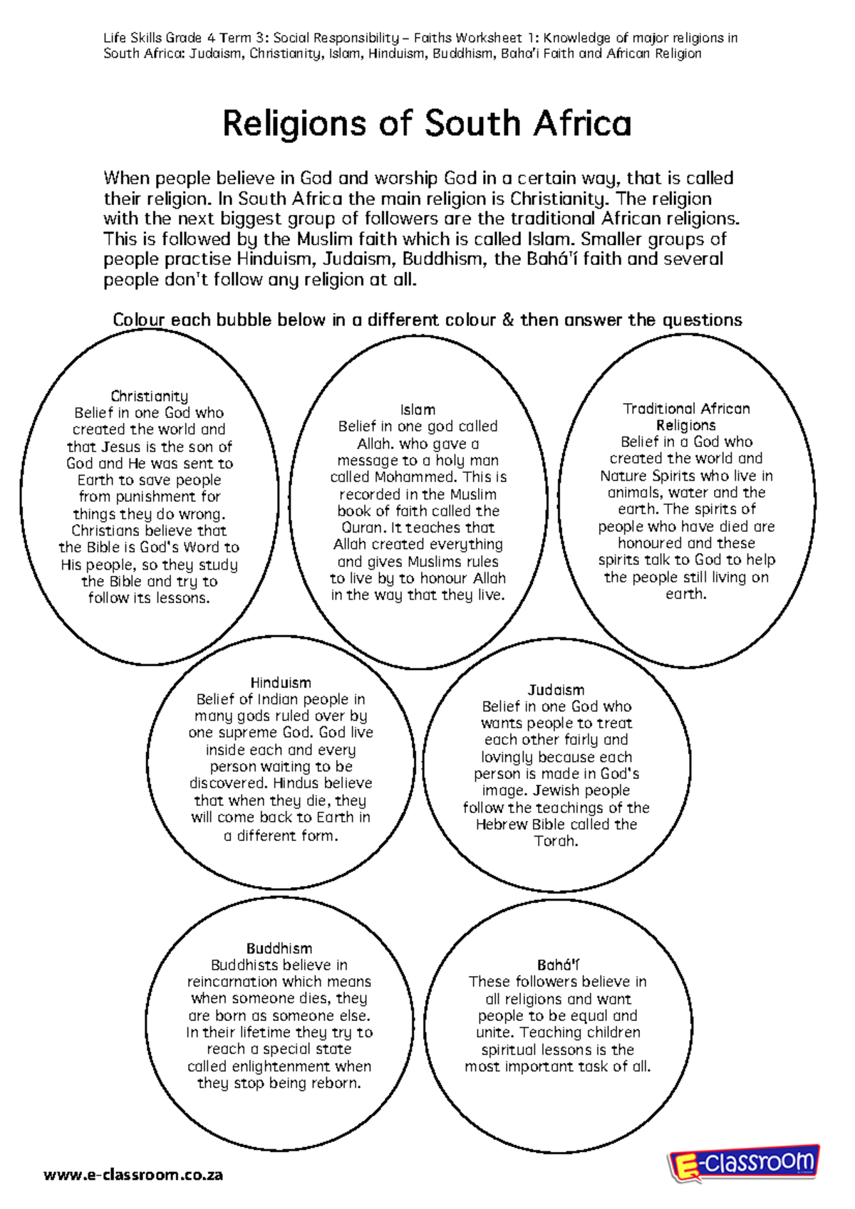 Understanding Major Religions in South Africa - Grade 5 Worksheet - Studocu