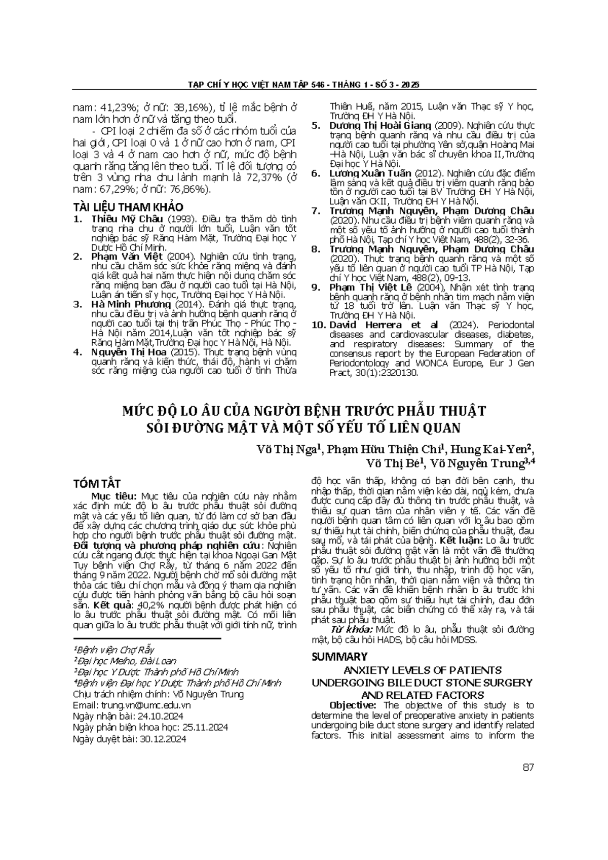 MỨC ĐỘ LO ÂU TRƯỚC PHẪU THUẬT SỎI ĐƯỜNG MẬT VÀ CÁC YẾU TỐ LIÊN QUAN ...