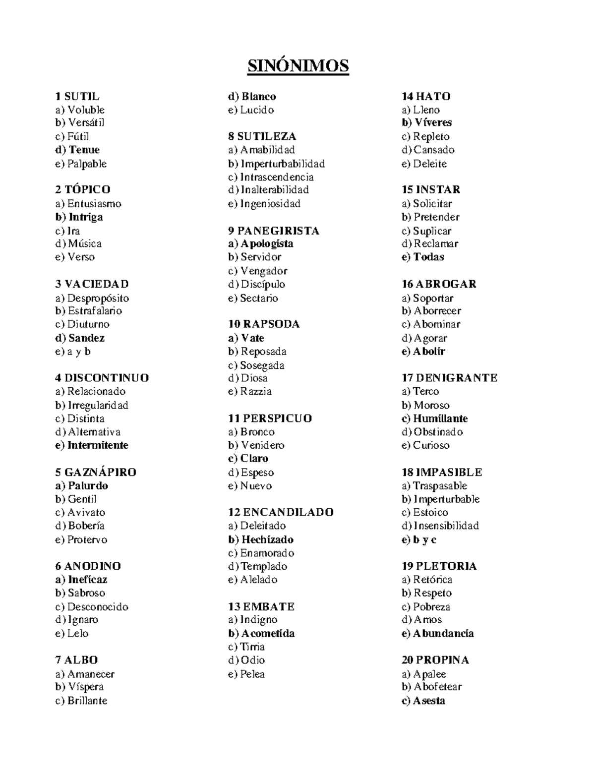 Banco de sinonimos 1 - SINÓNIMOS 1 SUTIL a) Voluble b) Versátil c ...