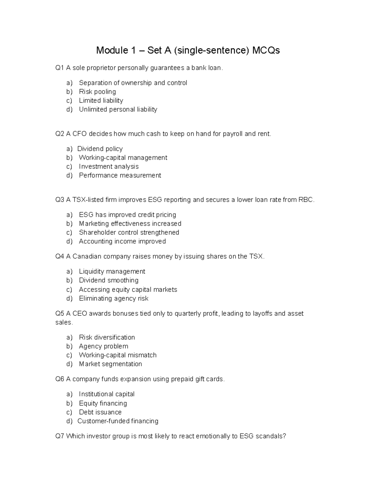 Module 1 – Set A: Single-Sentence MCQs on Business Concepts - Studocu