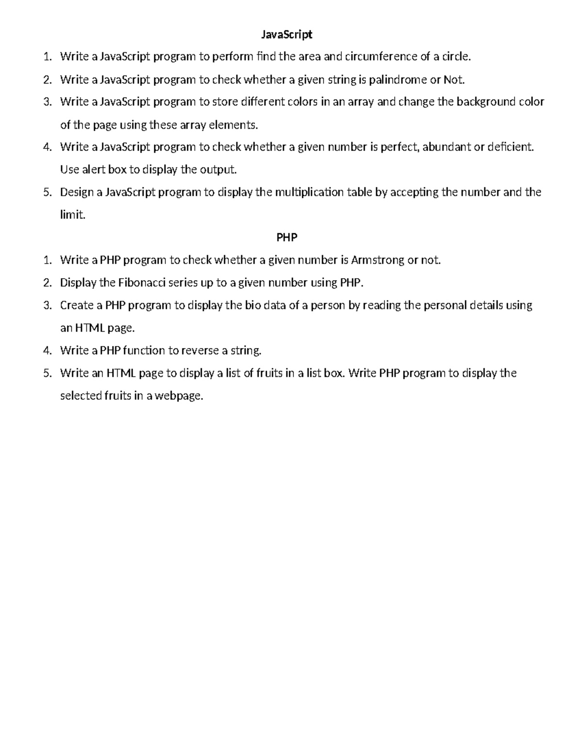 PHP LAB Questions - JavaScript & PHP Programs - Studocu