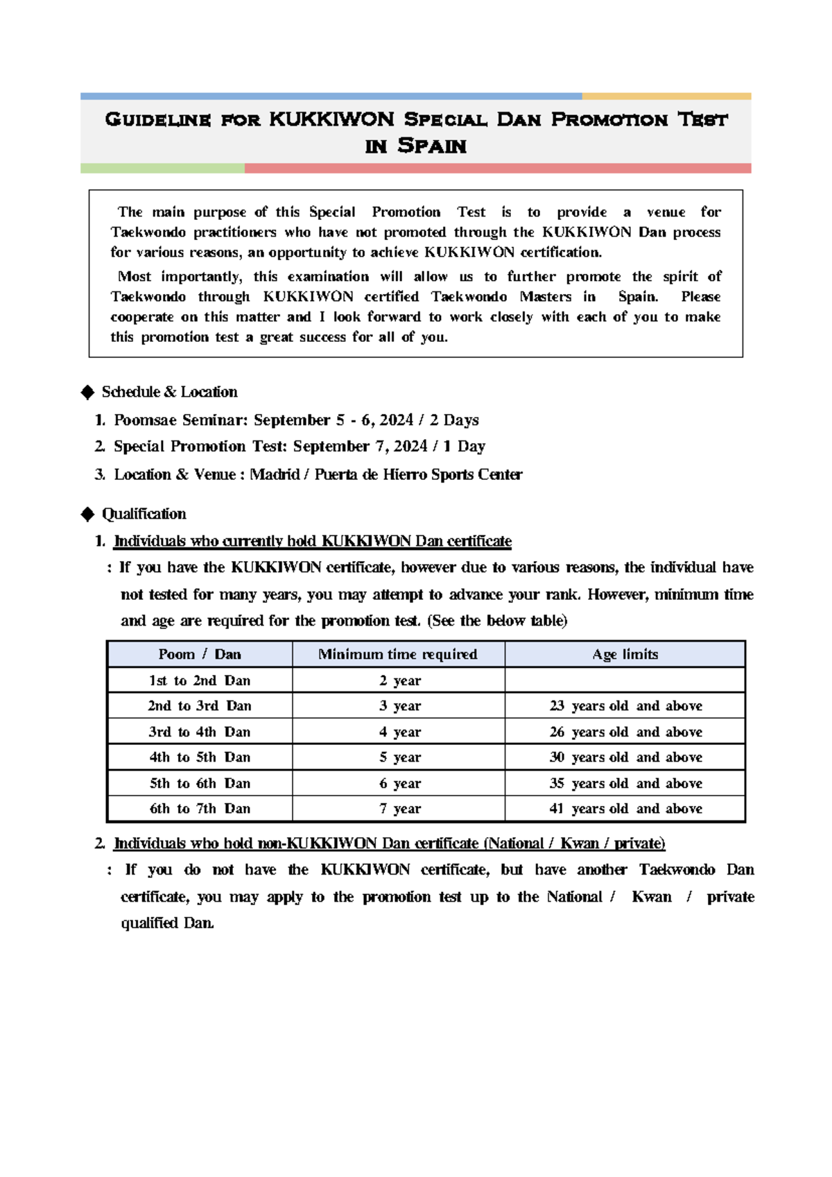 Guideline for Kukkiwon Special Dan Promotion Test in Spain - Schedule ...